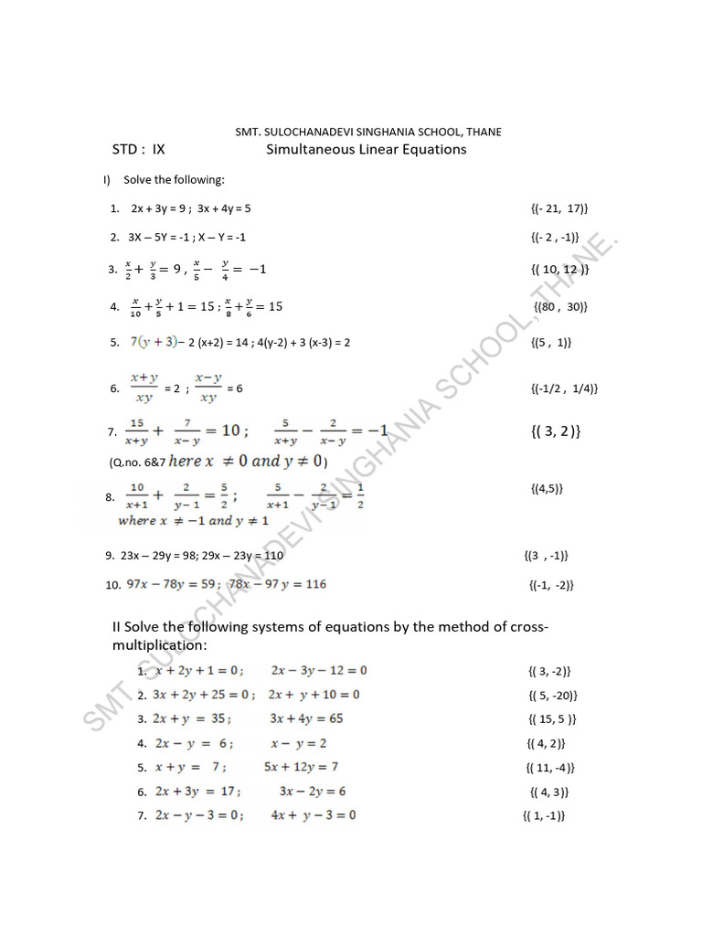 Simultaneous Linear Equations Solutions | PDF | Numbers | Mathematics