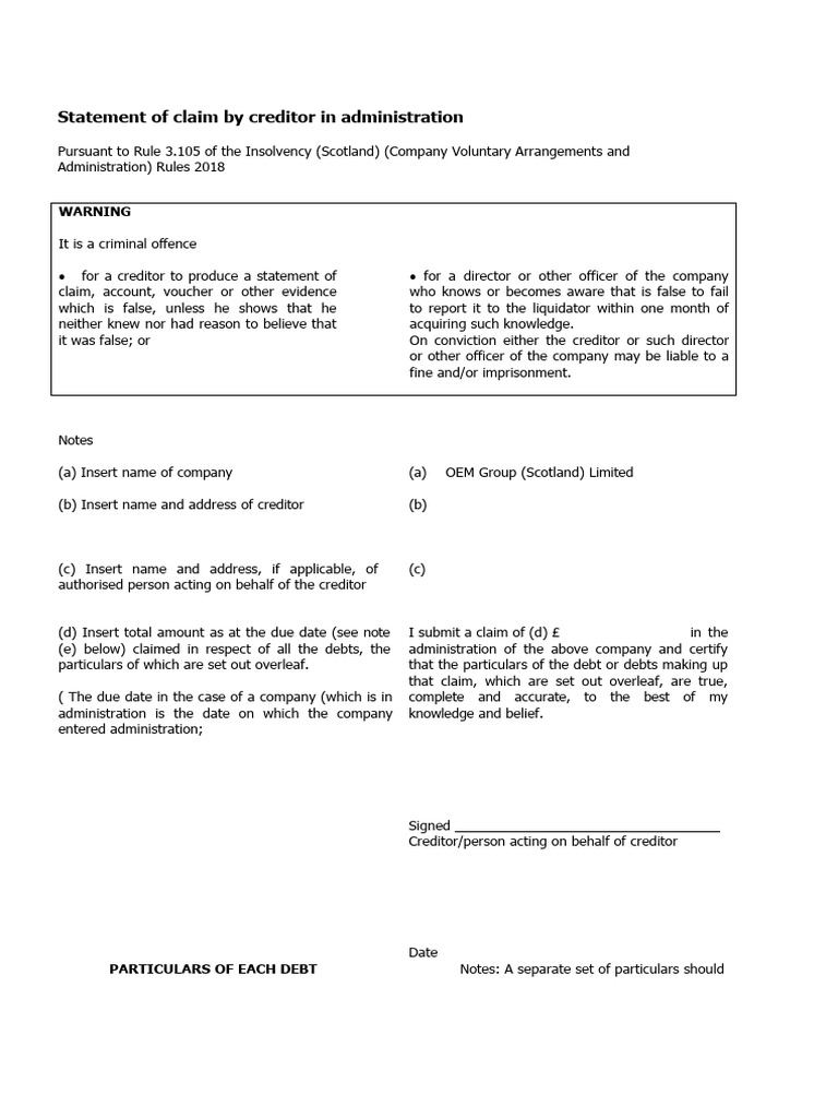 Statement of Claim by Creditor | PDF | Creditor | Debt