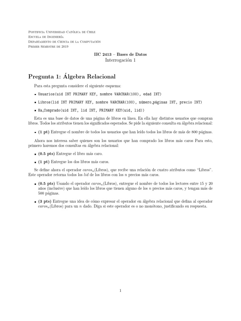 Pregunta 1: Algebra Relacional: Interrogaci On1 | PDF | Informática | Gestión de datos