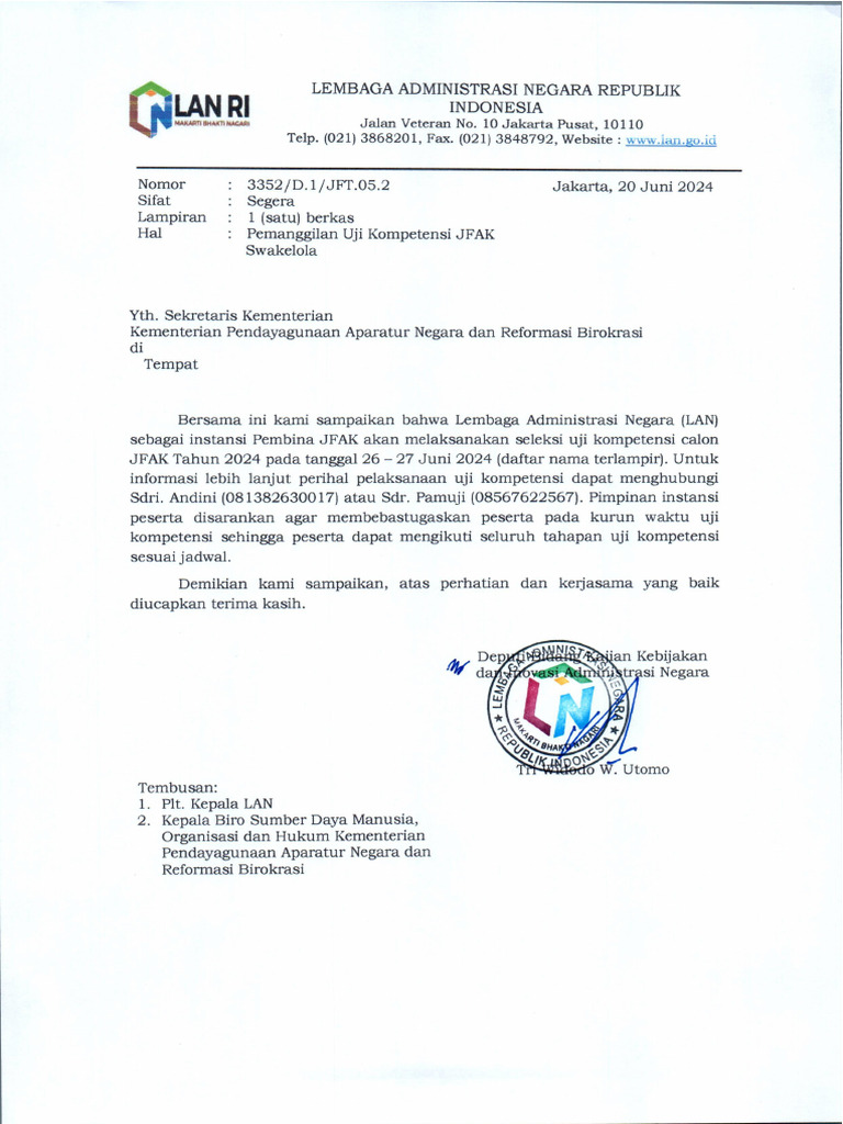 Surat Pemanggilan Ujikom Kemenpanrb - Juni 2024 | PDF