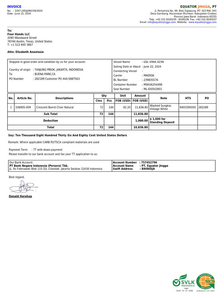 Invoice 3347-2 Four Hands PO 282189 Customer PO 444-5887563 | PDF