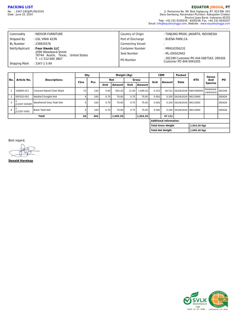 PL 3347-1 Four Hands PO 282189 Customer PO 444-5887563, 285426 Customer PO 444-5941005 | PDF