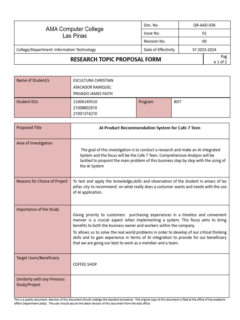 AI Recommendation System Proposal for Cafe | PDF | Artificial ...