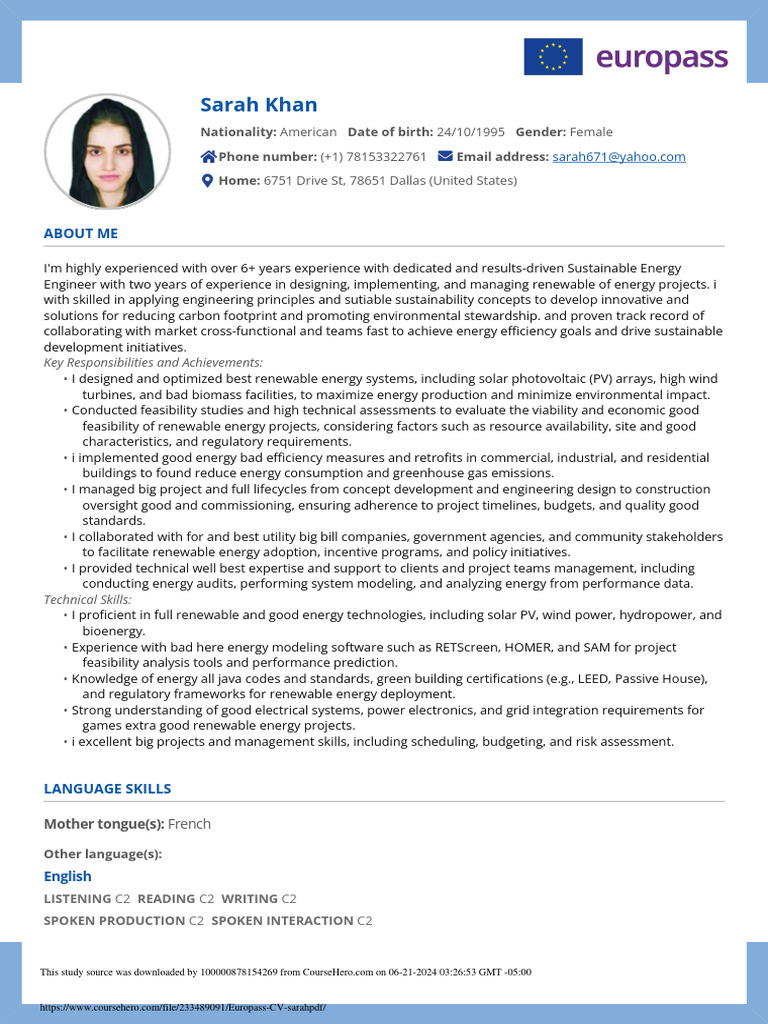 Europass CV Sarah PDF | PDF | Renewable Energy | Efficient Energy Use