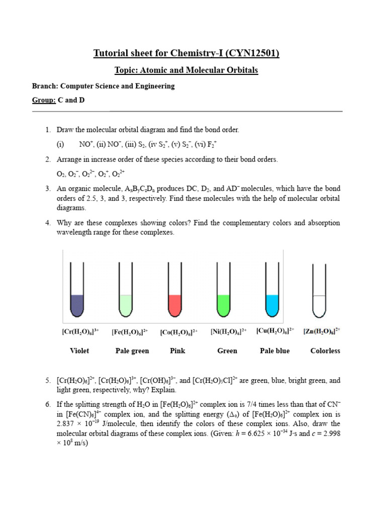 Tutorial Sheet for Engineering Chemistry_atomic and MOs | PDF ...