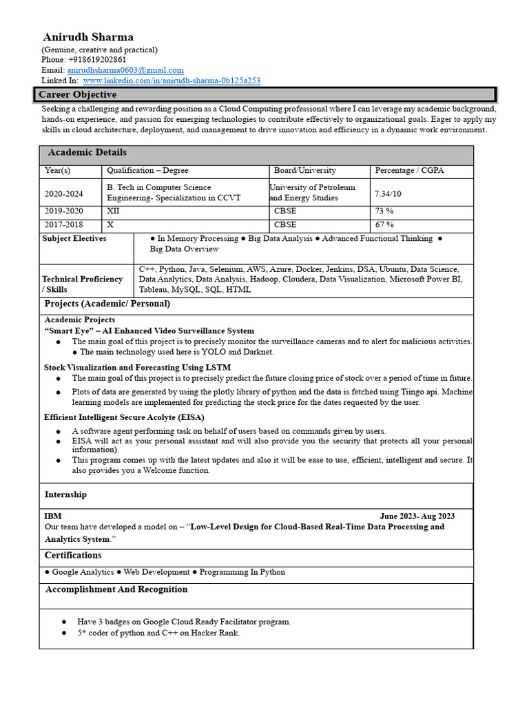 AnirudhSharma_Resume | PDF | Cloud Computing | Analytics
