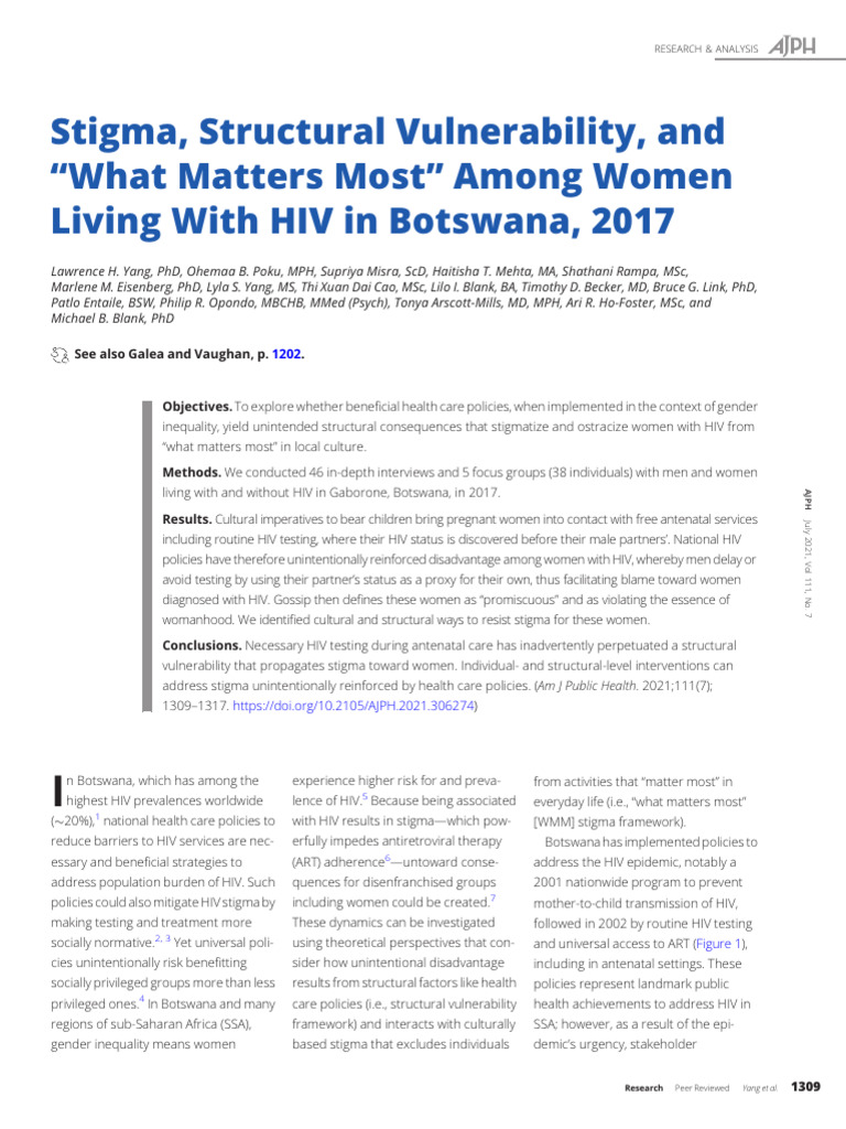 Yang Et Al 2021 Stigma Structural Vulnerability And What Matters Most Among Women Living