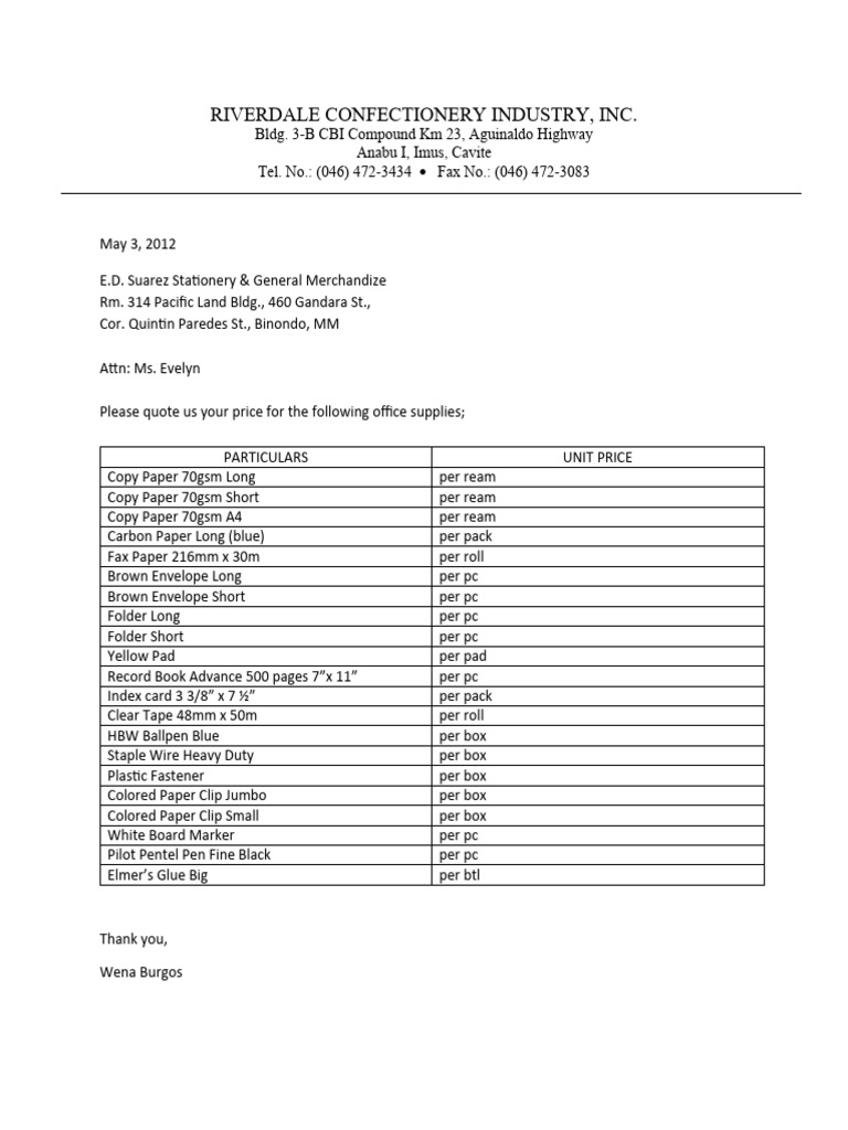 Price Quotation Request | PDF