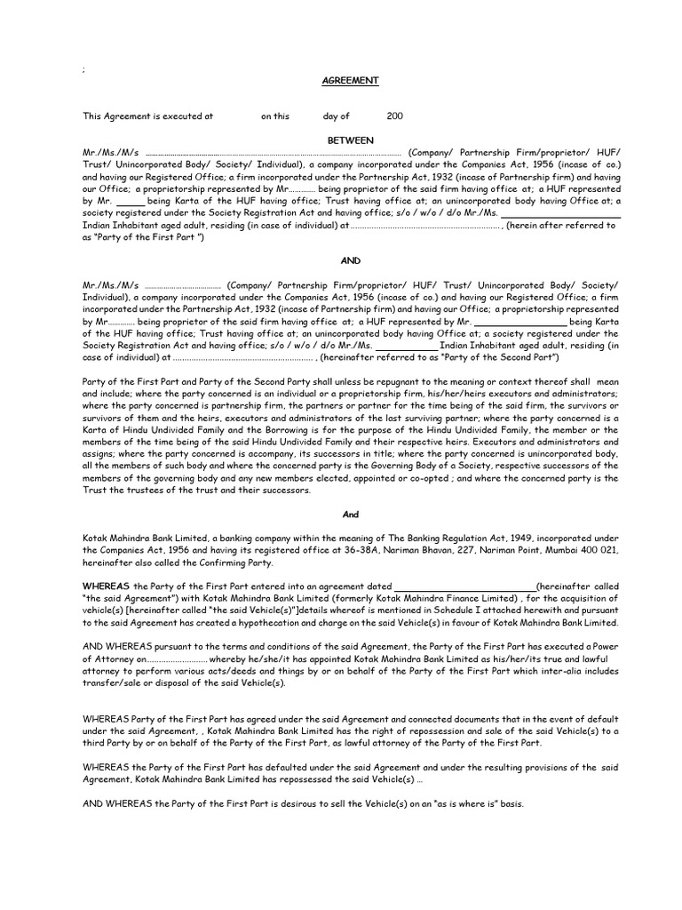 New Sale Agreement-Repossessed Vehicle | PDF | Indemnity | Civil Law ...