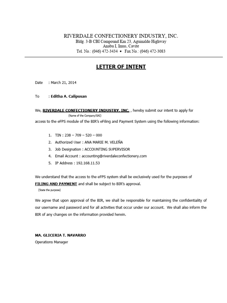 Letter of Intent On EFPS | PDF | Business | Finance & Money Management