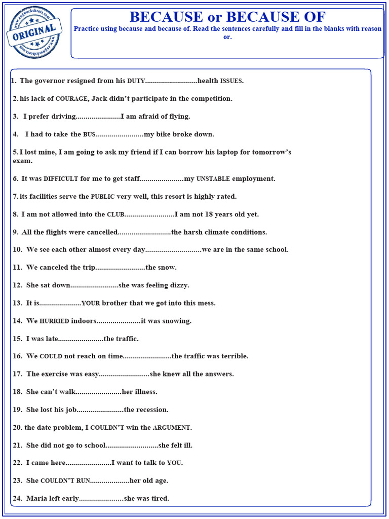 DYCyQ8K4ZS Because or Because of Esl Grammar Exercise Worksheet For ...