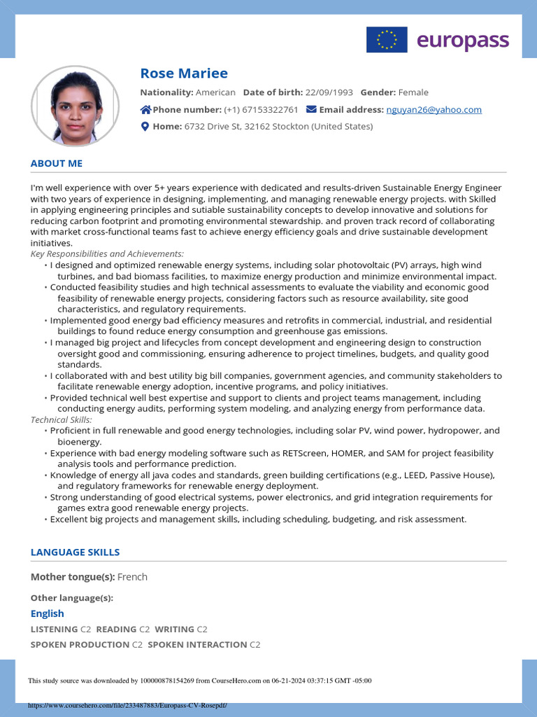 Europass_CV_Rose.pdf | Download Free PDF | Renewable Energy | Photovoltaics