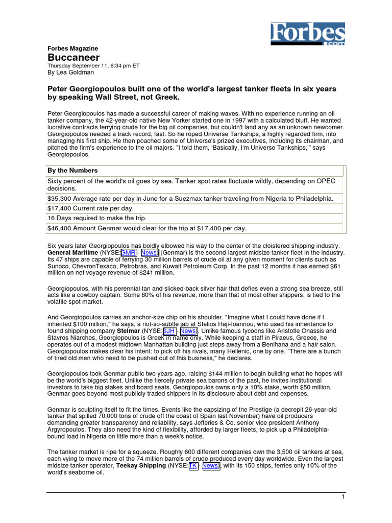 2006 09 Peter Georgiopoulos Forbes Magazine Article | PDF | Oil Tanker ...