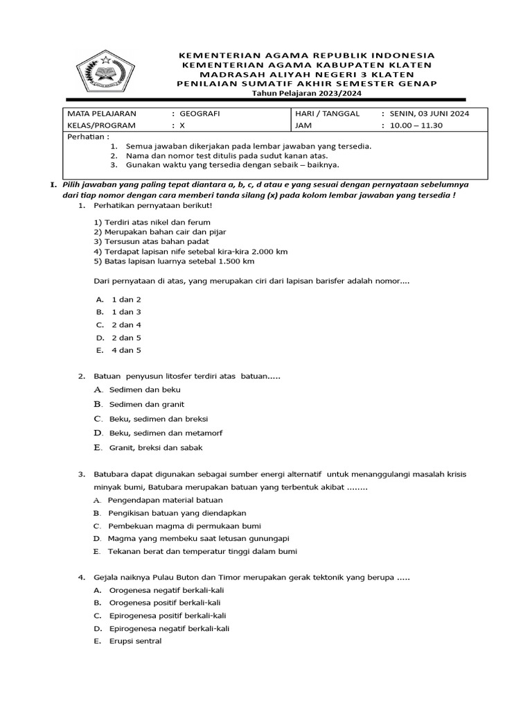 Soal Pat Geografi Kelas X SMT Genap 2023-2024 | PDF