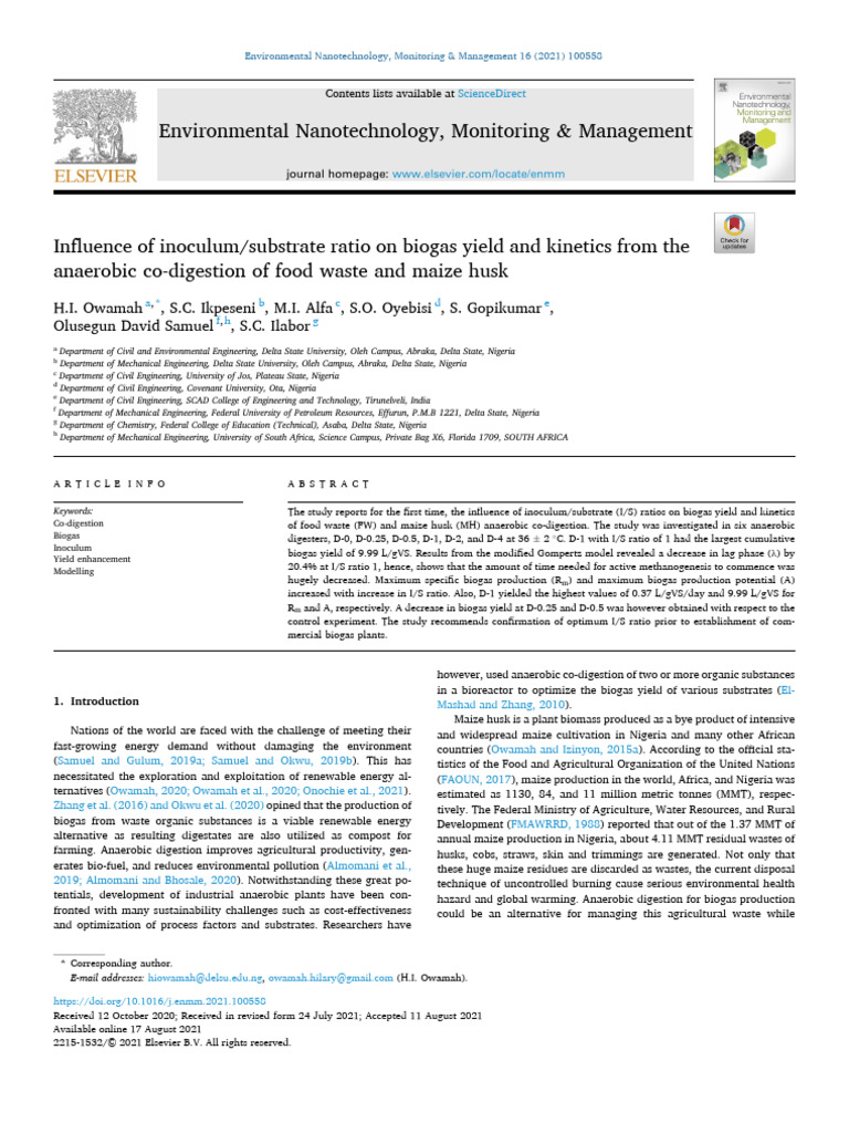 Elsevier Paper in ENMM - 2021 | PDF | Anaerobic Digestion | Biogas