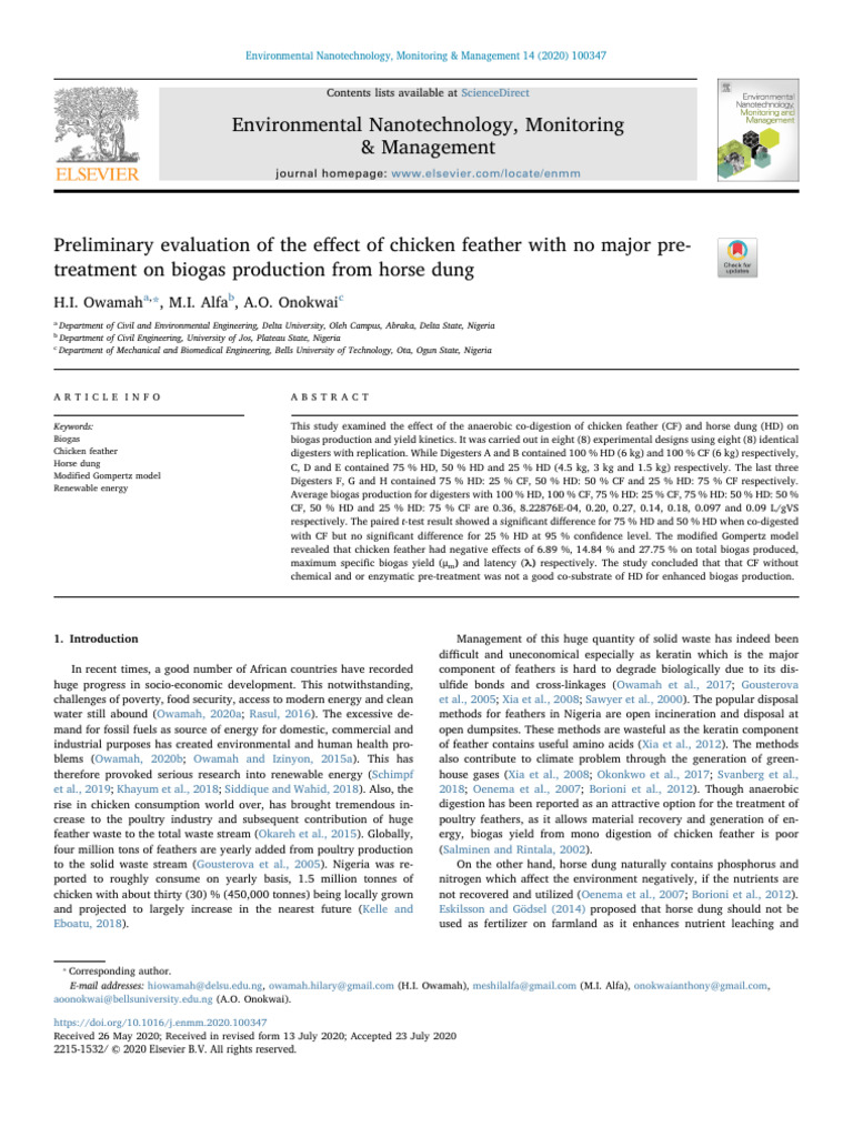 Elsevier Paper in ENMM - 2020 | PDF | Anaerobic Digestion | Biogas