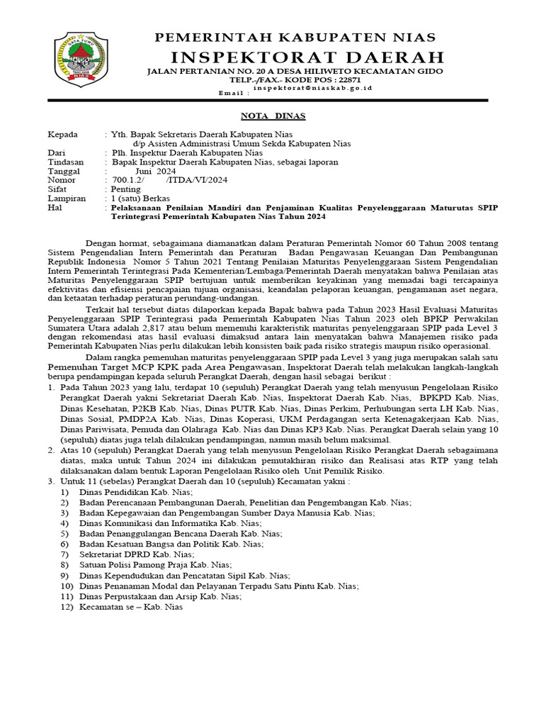 Nota Dinas PM Dan PK SPIP Tahun 2024 | PDF | Pengelolaan Keuangan & Uang