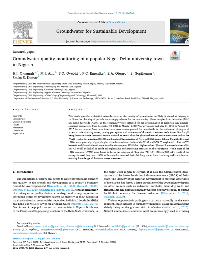 Elsevier Paper in GSD - 2021 | PDF | Chloride | Drinking Water