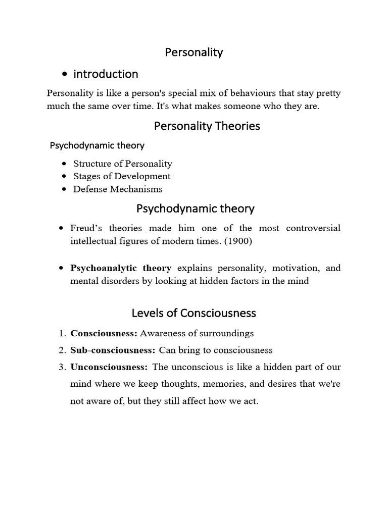 Personality Notes | PDF | Id | Psychology