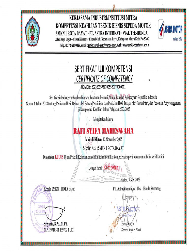 Sertifikat Astra Motor | PDF