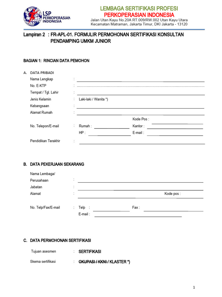 03 Lampiran 2 Form APL.01 Permohonan Uji Kompetensi Konsultan PUMKM | PDF