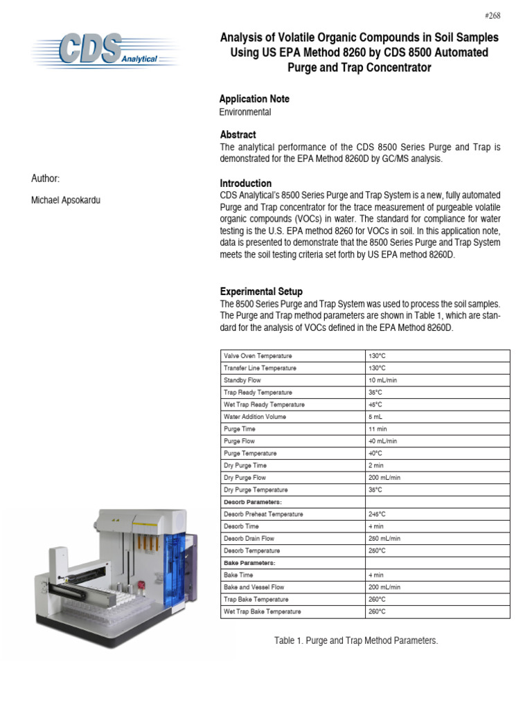 268 P&T Analysis of Volatile Organic Compounds in Soil Samples Using US EPA Method 8260 by CDS ...