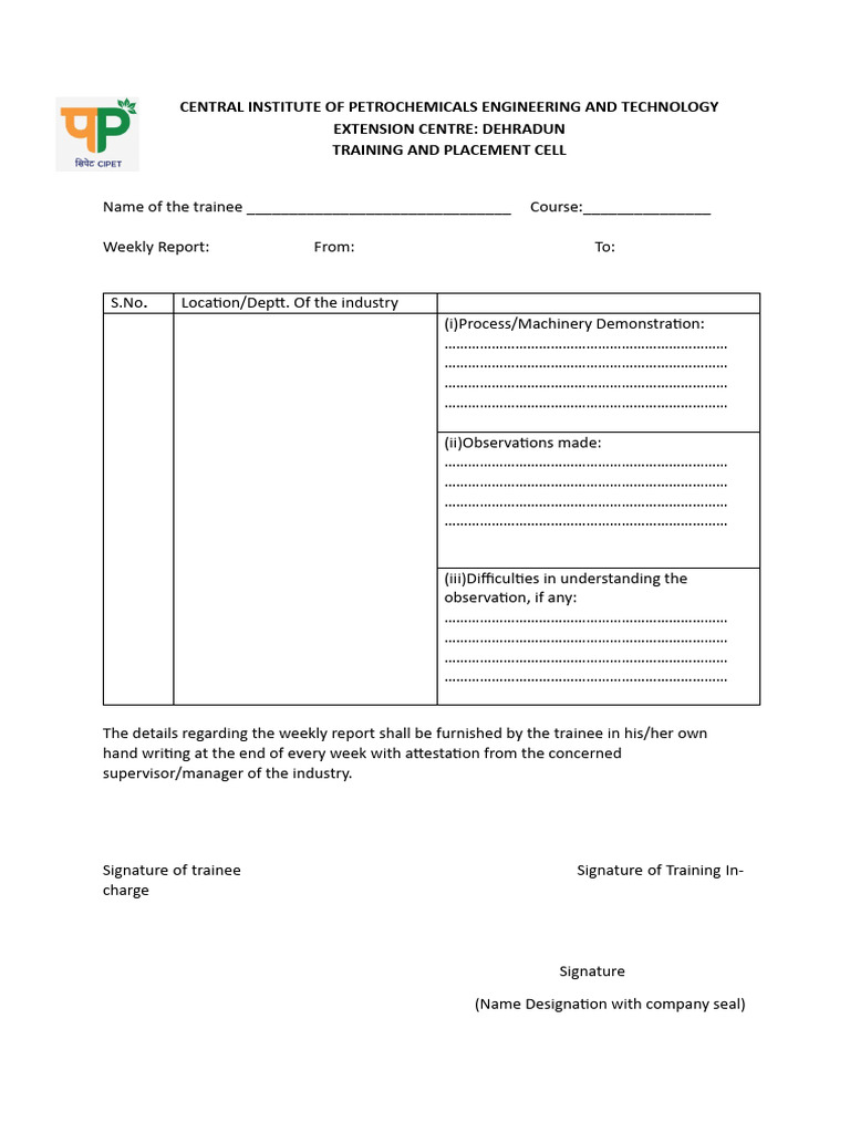 Format For Industrial Training Report and Attendance | PDF
