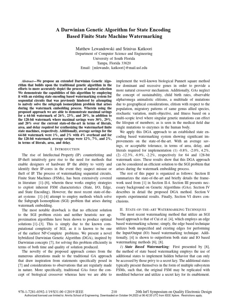 A Darwinian Genetic Algorithm For State Encoding Based Finite State Machine Watermarking | PDF ...