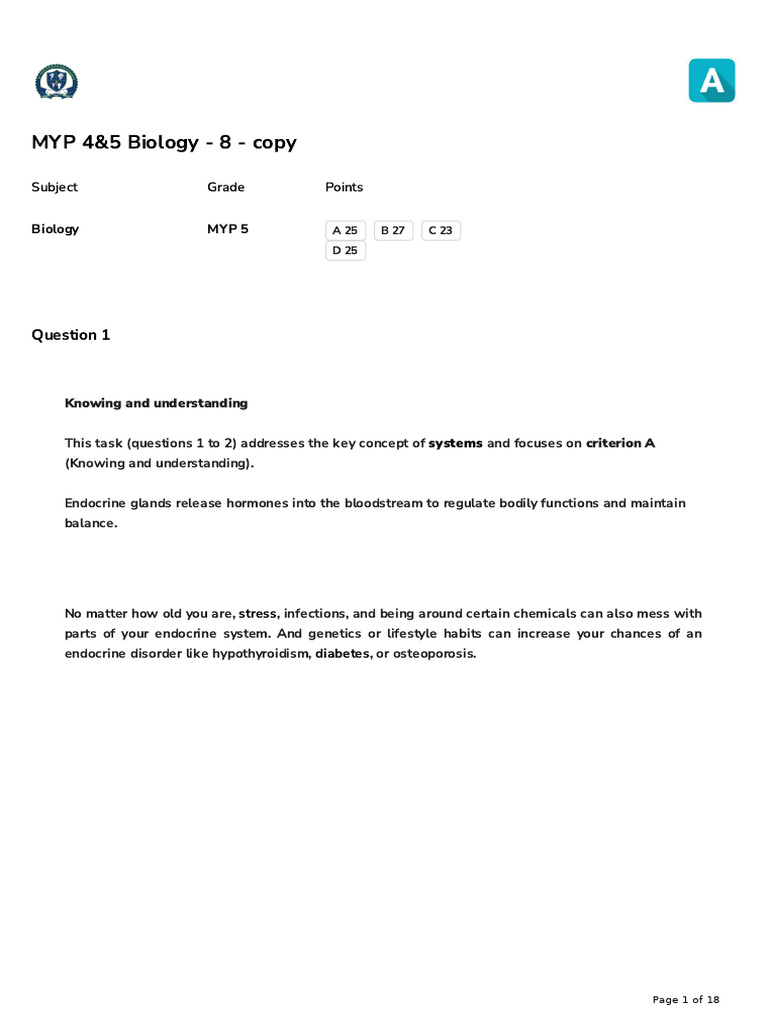 MYP 4 - 5 Biology - 8 | PDF | Biology