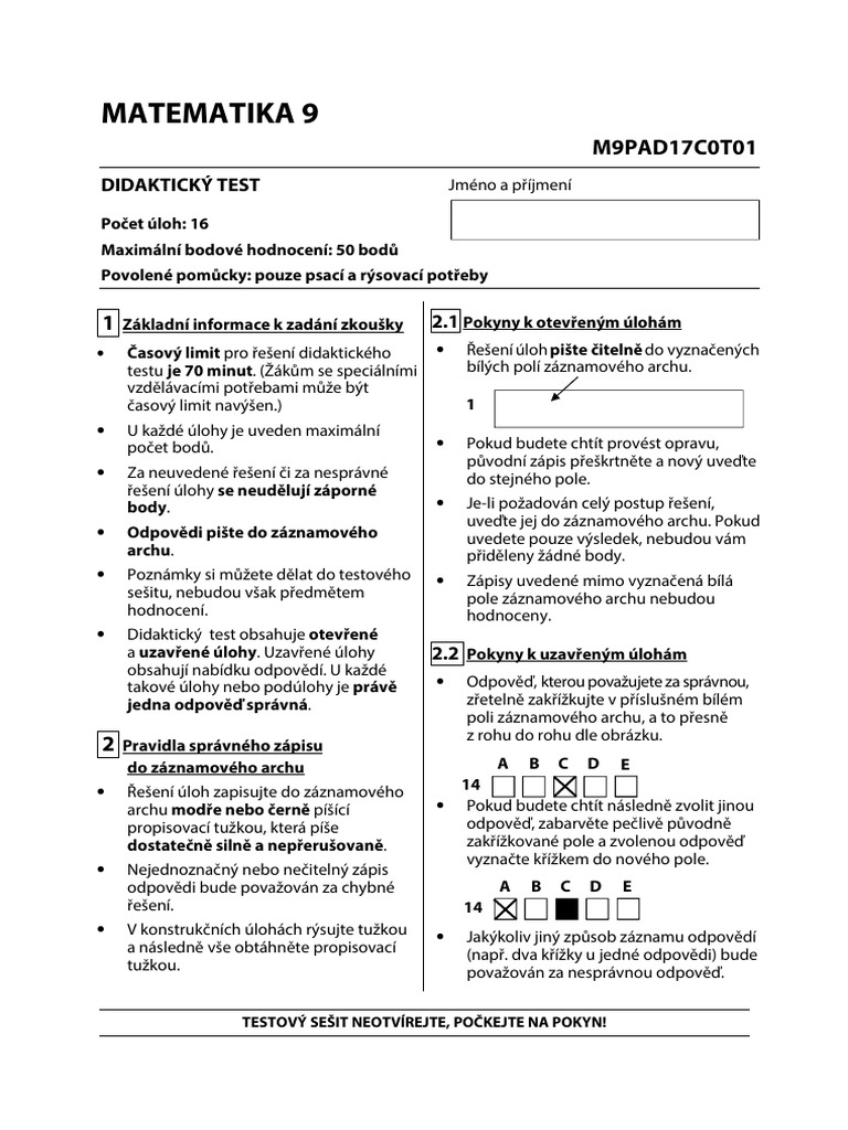 Přijímačkový Test - Matematika - 7. | PDF