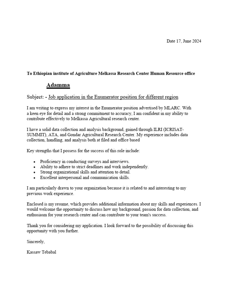 Enumerator Job Application - Kassaw Tebabal | PDF