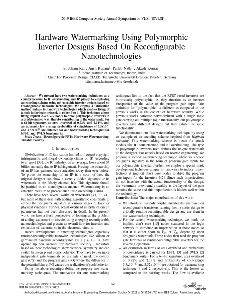 Hardware Watermarking Using Polymorphic Inverter Designs Based On Reconfigurable ...