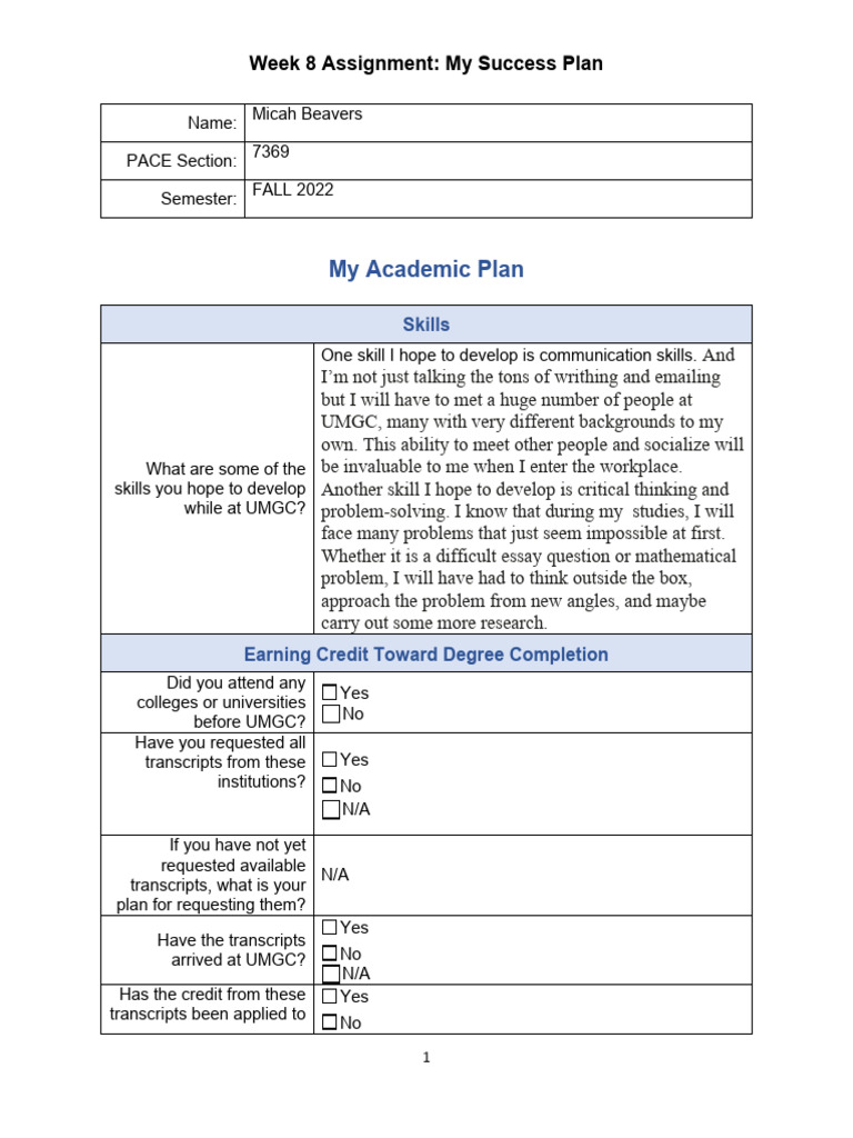 My Success Plan for UMGC PACE 111 | PDF | Mentorship | Time Management