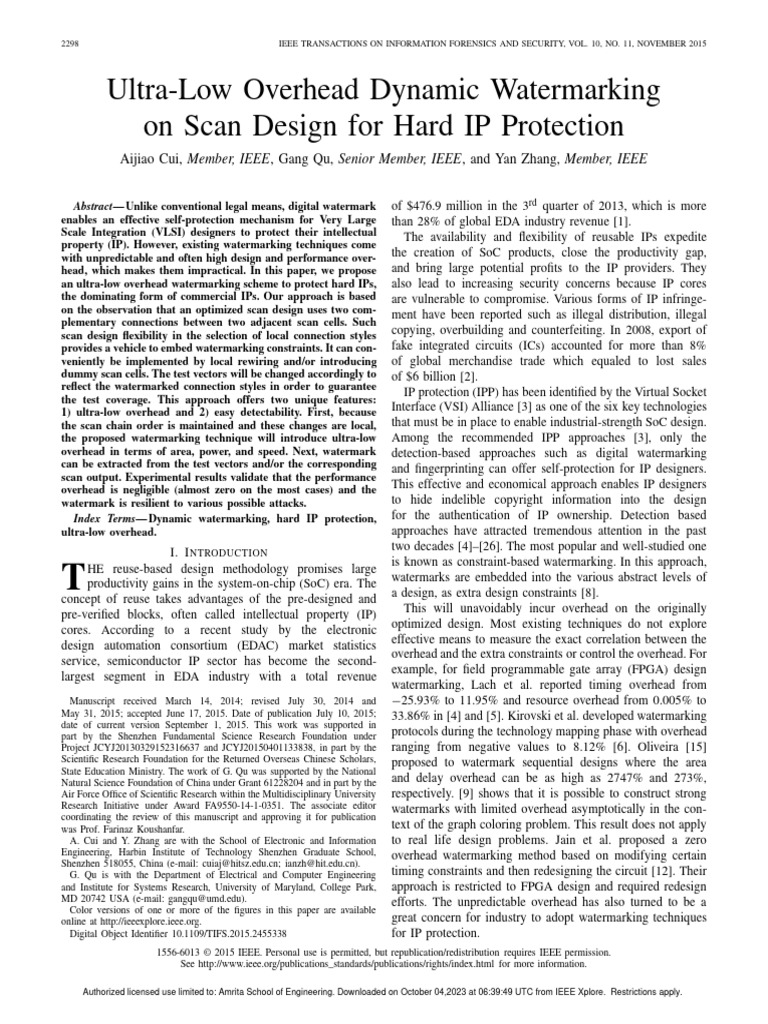 Ultra Low Overhead Dynamic Watermarking On Scan Design For Hard Ip Protection Pdf Computer 