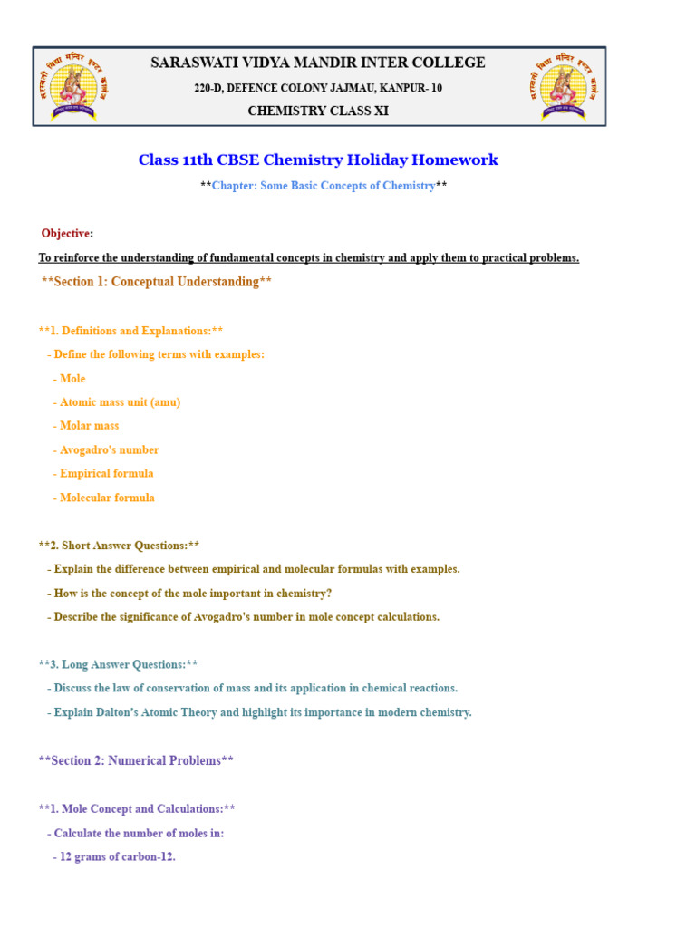 Chemistry Class Xi Holiday Homework Svm | Download Free PDF | Mole (Unit) | Molecules