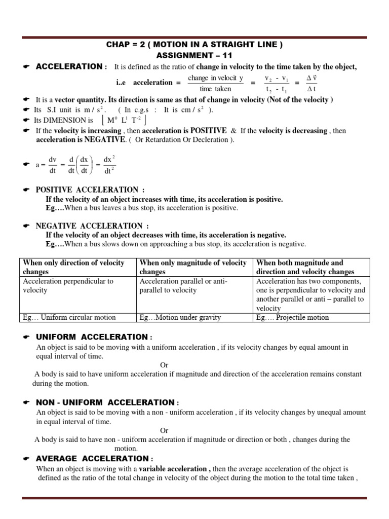 Rhps - 2024 - Xi - Chap - 2 - Assignment - 11 - Acceleration PDF | PDF | Acceleration | Velocity