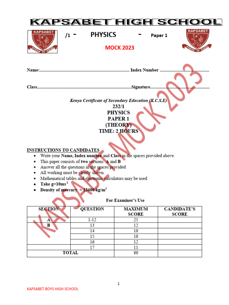 Physics: MOCK 2023 | PDF | Force | Acceleration
