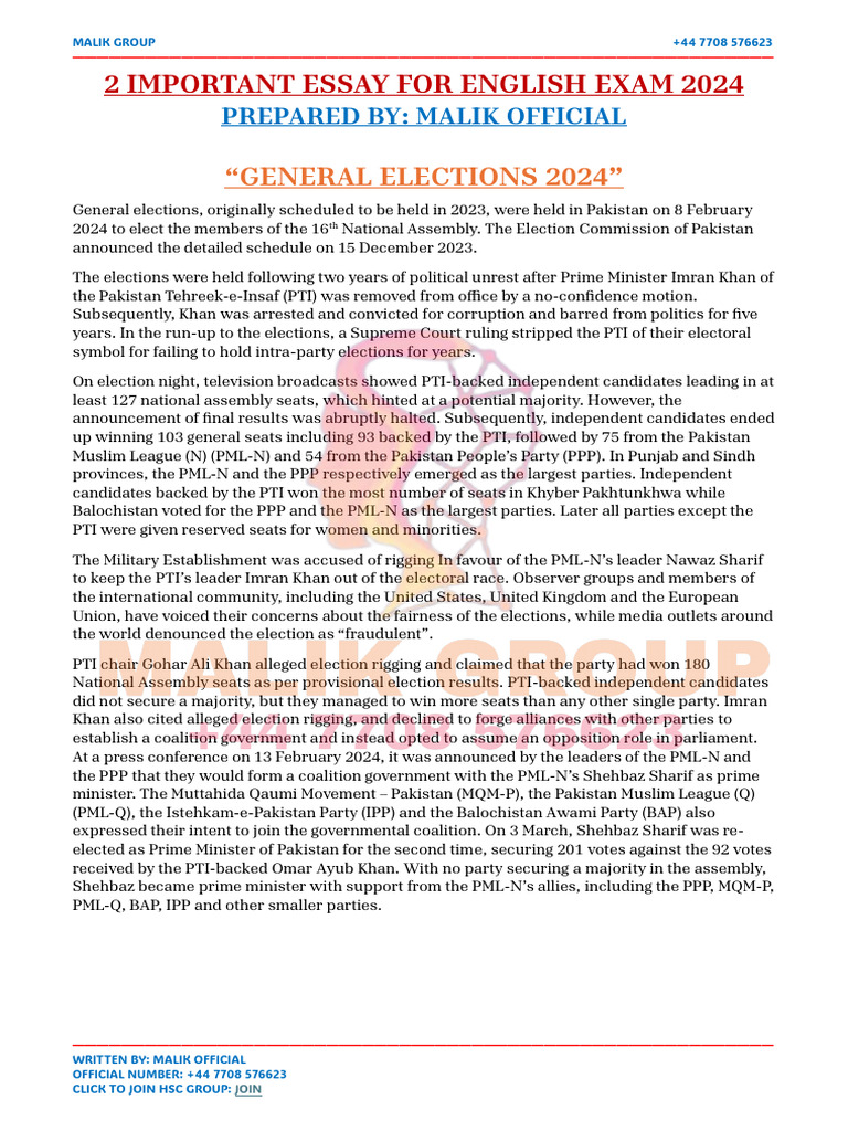 English - Imp Essay 2024 - Malik Group | PDF | Forms Of Cricket | Sports