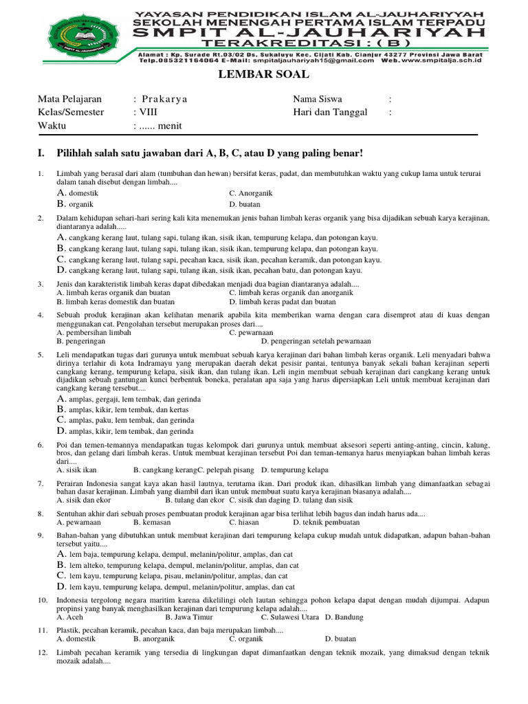 Soal PAT Prakarya Kelas 8 - Asmi | PDF