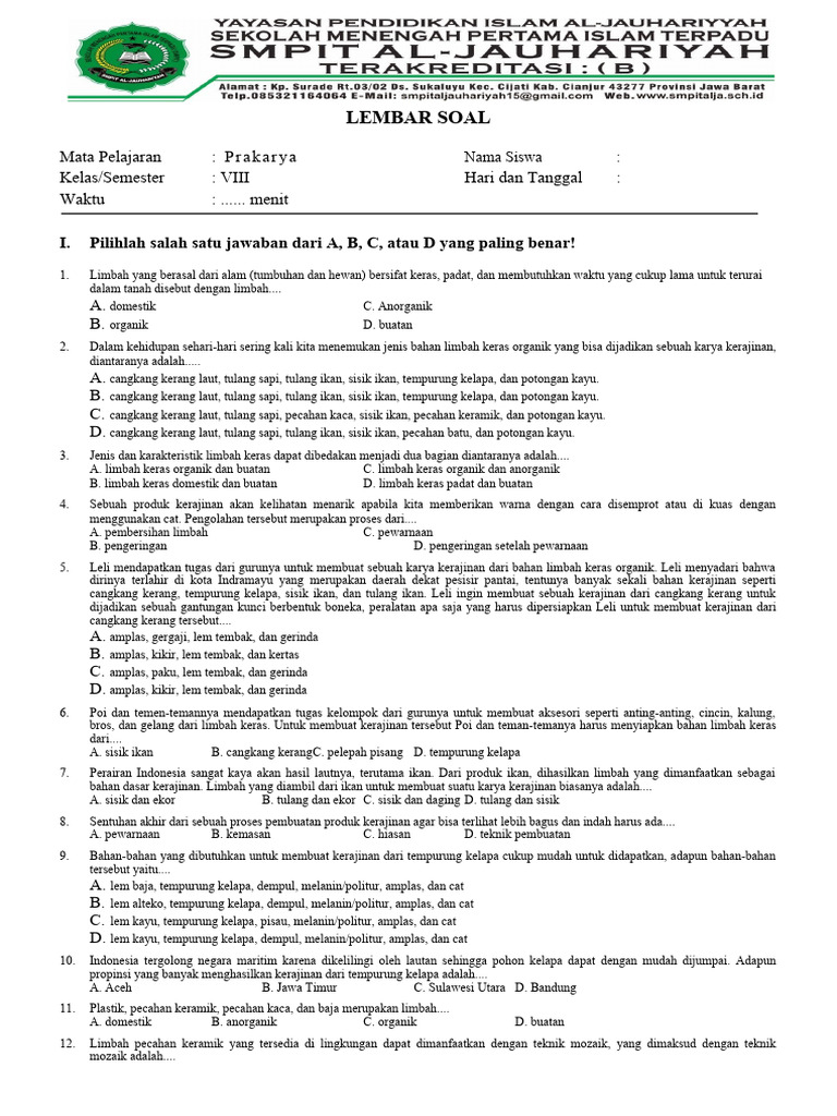 Soal PAT Prakarya Kelas 8 - Asmi | PDF | Griya & Taman