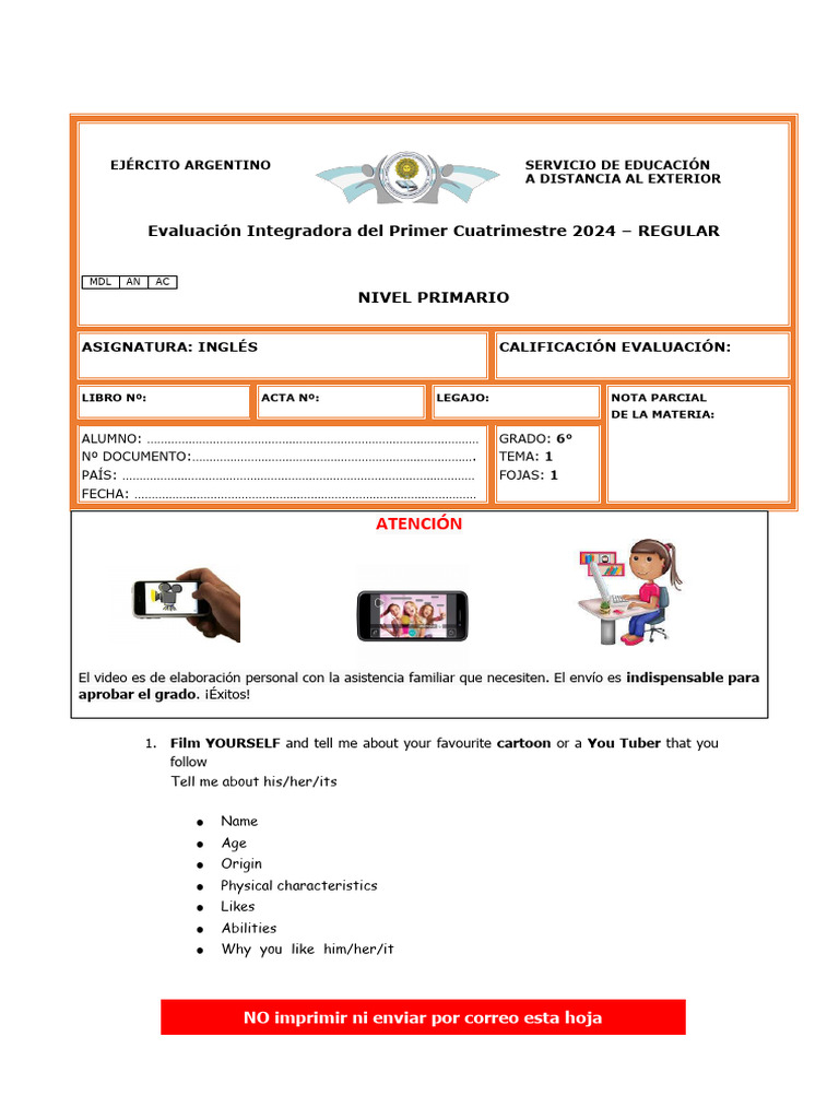 Evaluación Integradora Inglés 1er Cuatrimestre | PDF