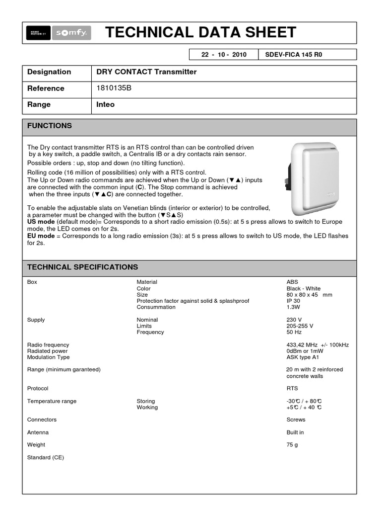 Drycontact Transmitter - Technical Data Sheet | PDF | Radio | Transmitter