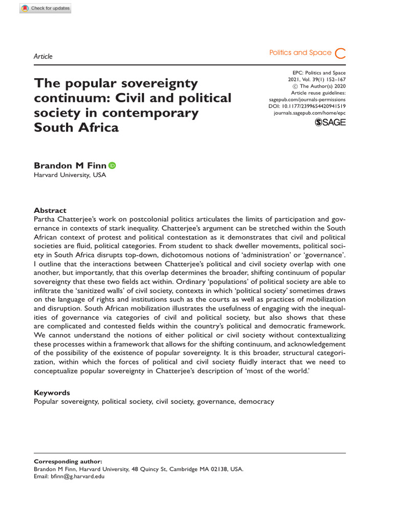 Finn 2020 The Popular Sovereignty Continuum Civil and Political Society ...