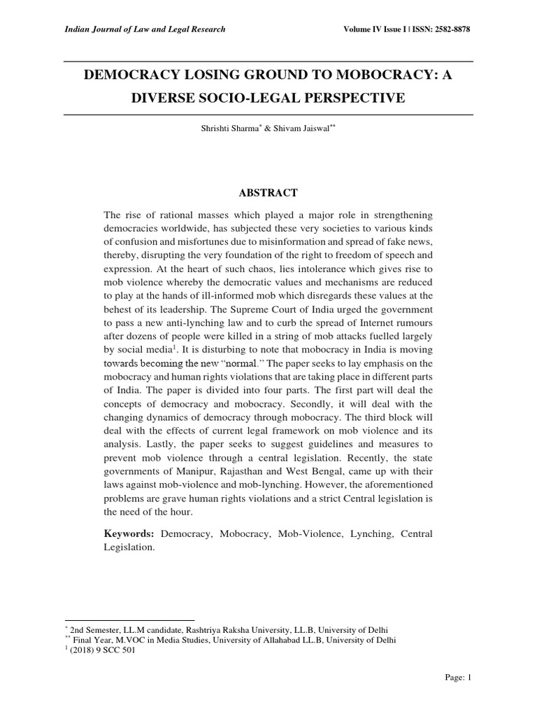 Democracy Losing Ground To Mobocracy A Diverse Socio Legal Perspective ...