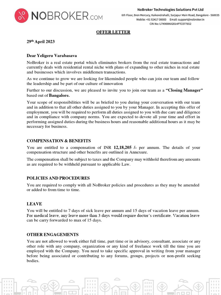 Offer Letter for Closing Manager Position | PDF | Confidentiality ...