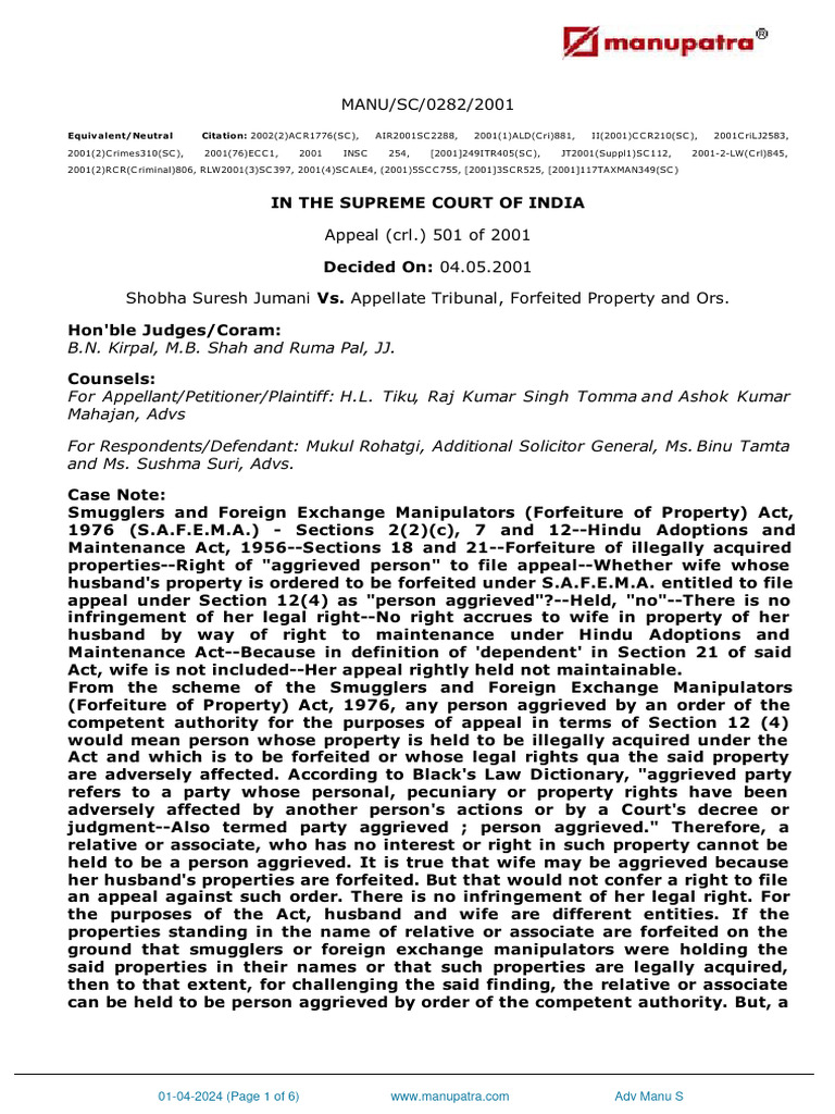Shobha Suresh Jumani Vs Appellate Tribunal Forfeits000350COM669003 ...