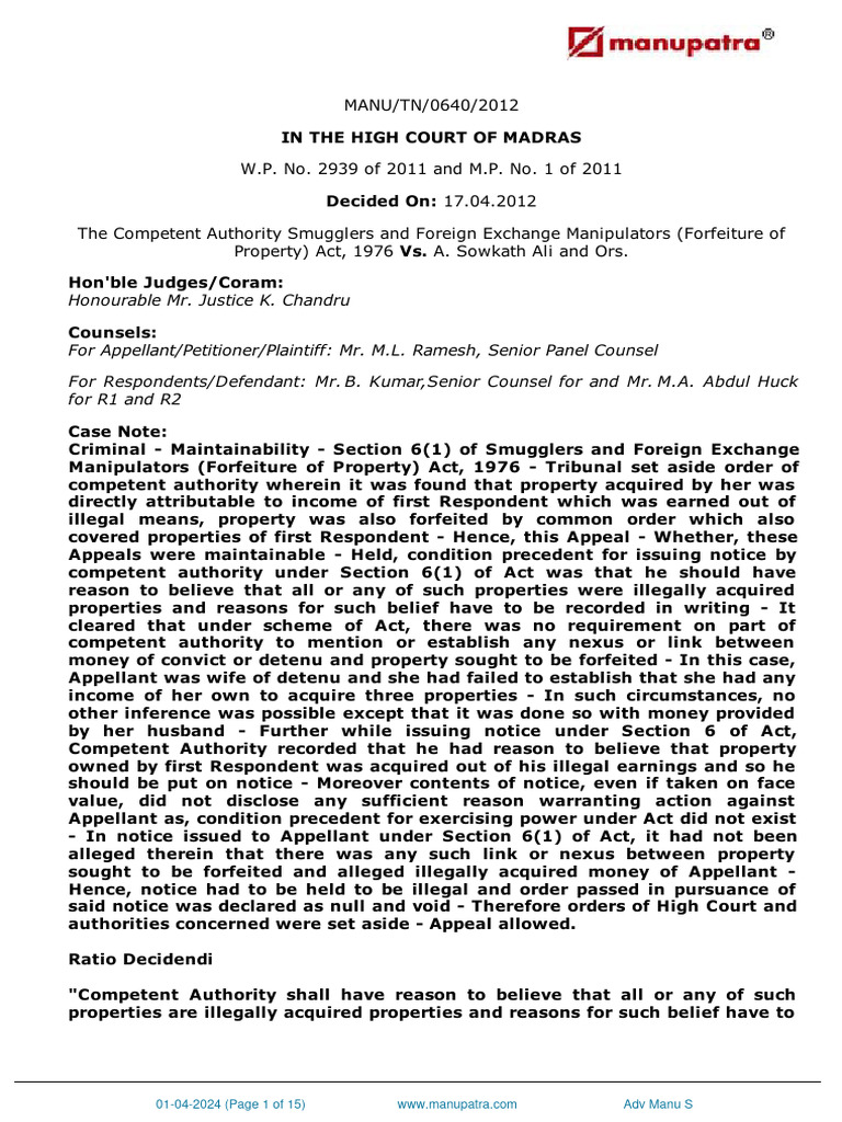 The Competent Authority Smugglers and Foreign ExchT120600COM770179 ...