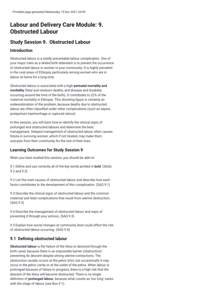 Labour and Delivery Care Module - 9. Obstructed Labour - View As S | PDF | Childbirth | Vagina