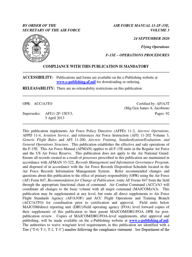 By Order of The Secretary of The Air Force Air Force Manual 11-2F-15E ...