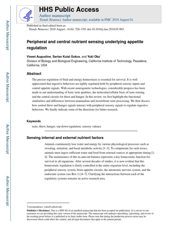 Nutrient Sensing in Appetite Regulation | PDF | Taste | Thalamus